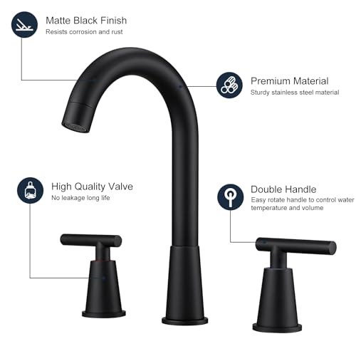 Kroias 8 Inch Matte Black Bathroom Faucet Bathroom Faucet 3 Hole, Two Handles Vanity Bathroom Sink Faucet, Lavatory Basin Faucets for Bathroom Sink with cUPC Supply Lines