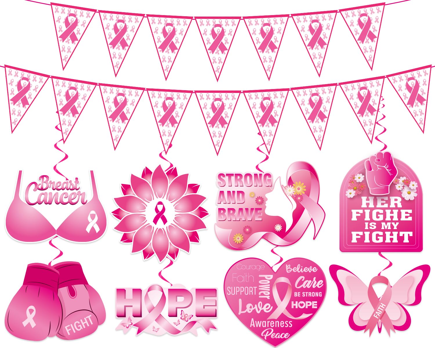 Breast Cancer Awareness Decorations, with 1pcs No DIY Breast Cancer Awareness Banner and 8pcs Breast Cancer Decorations Hanging Swirls, Breast Cancer Awareness Decorations for Office