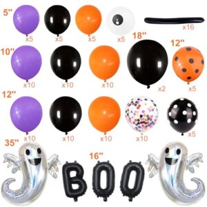 128 Pcs Halloween Confetti Balloons, Huge Spider Boo Ghost Aluminum Foil Balloons Black Orange Purple Helium Latex Balloons for Birthday, Baby Shower, Halloween Party Decorations Supplies