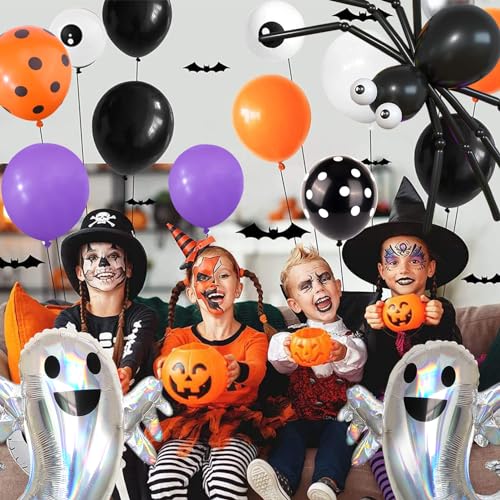 128 Pcs Halloween Confetti Balloons, Huge Spider Boo Ghost Aluminum Foil Balloons Black Orange Purple Helium Latex Balloons for Birthday, Baby Shower, Halloween Party Decorations Supplies