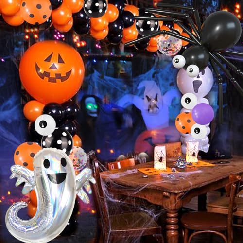 128 Pcs Halloween Confetti Balloons, Huge Spider Boo Ghost Aluminum Foil Balloons Black Orange Purple Helium Latex Balloons for Birthday, Baby Shower, Halloween Party Decorations Supplies