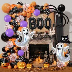 128 Pcs Halloween Confetti Balloons, Huge Spider Boo Ghost Aluminum Foil Balloons Black Orange Purple Helium Latex Balloons for Birthday, Baby Shower, Halloween Party Decorations Supplies