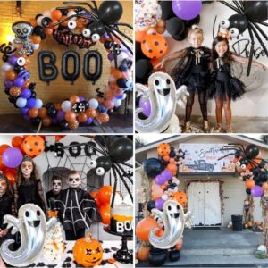 128 Pcs Halloween Confetti Balloons, Huge Spider Boo Ghost Aluminum Foil Balloons Black Orange Purple Helium Latex Balloons for Birthday, Baby Shower, Halloween Party Decorations Supplies