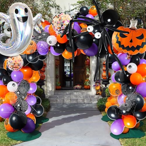 128 Pcs Halloween Confetti Balloons, Huge Spider Boo Ghost Aluminum Foil Balloons Black Orange Purple Helium Latex Balloons for Birthday, Baby Shower, Halloween Party Decorations Supplies