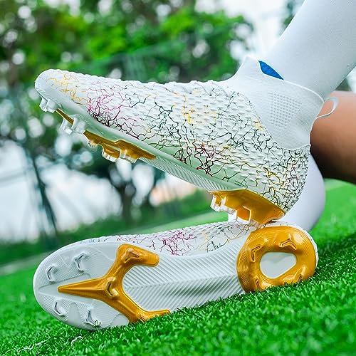 lozoye Indoor Soccer Cleats Mens Womens Turf Soccer Cleats Wide Socer Shoes FG AG TF High Ankle Football Boots (999 White 39)