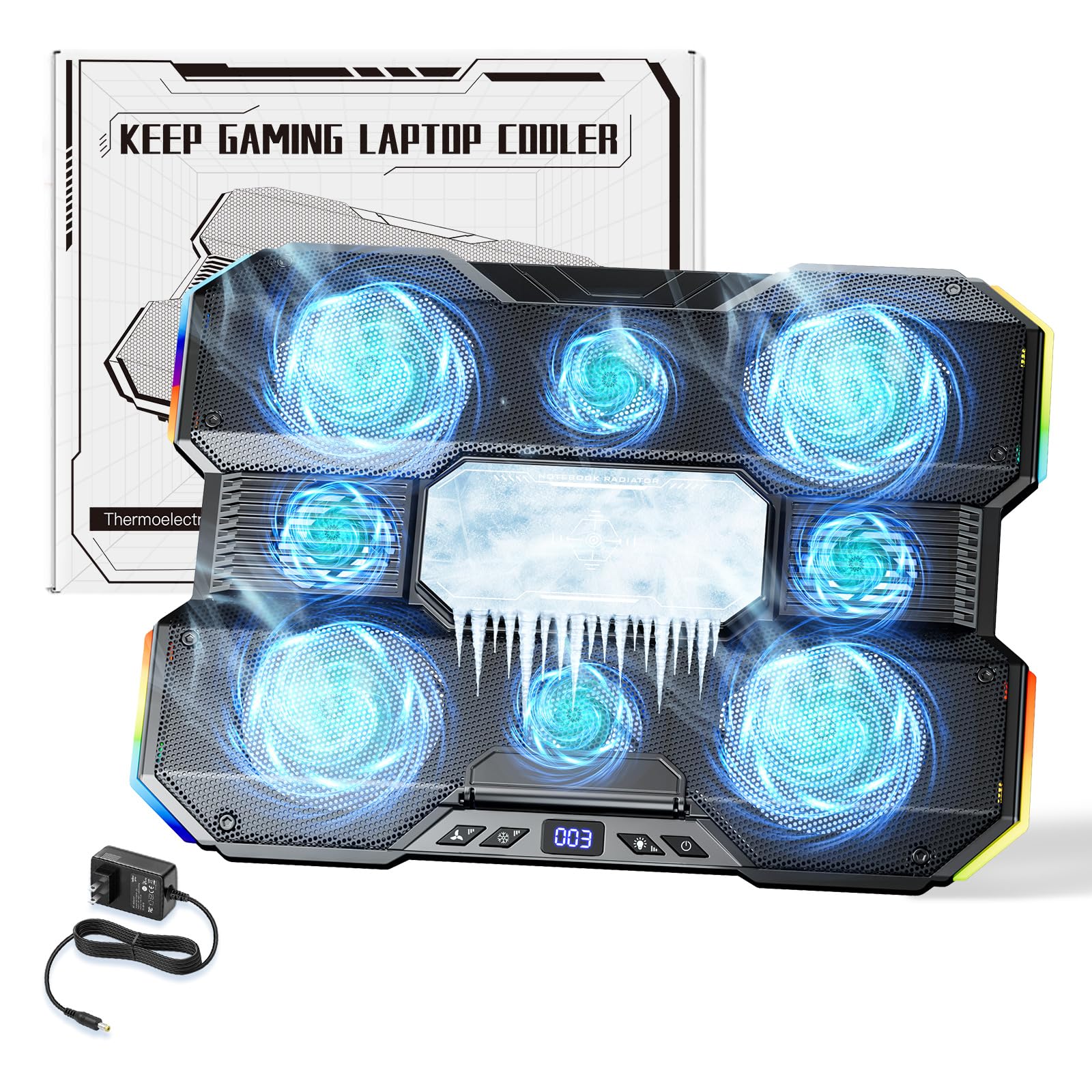 Powerful Laptop Cooling Pad - Thermoelectric Cooler with 8 Brushless Fans for Gaming Laptops, RGB Lights, and Stable Laptop Stand