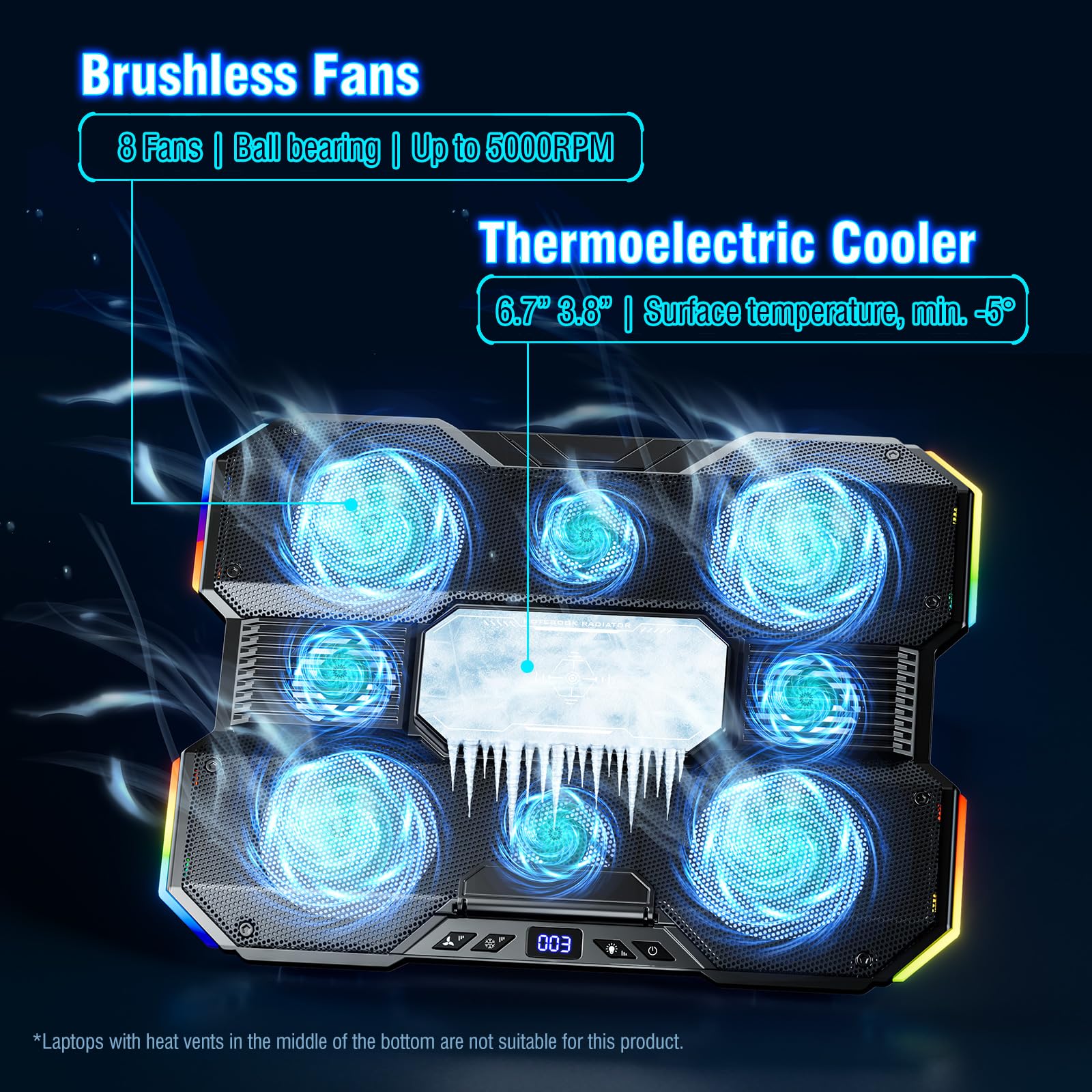 Powerful Laptop Cooling Pad - Thermoelectric Cooler with 8 Brushless Fans for Gaming Laptops, RGB Lights, and Stable Laptop Stand