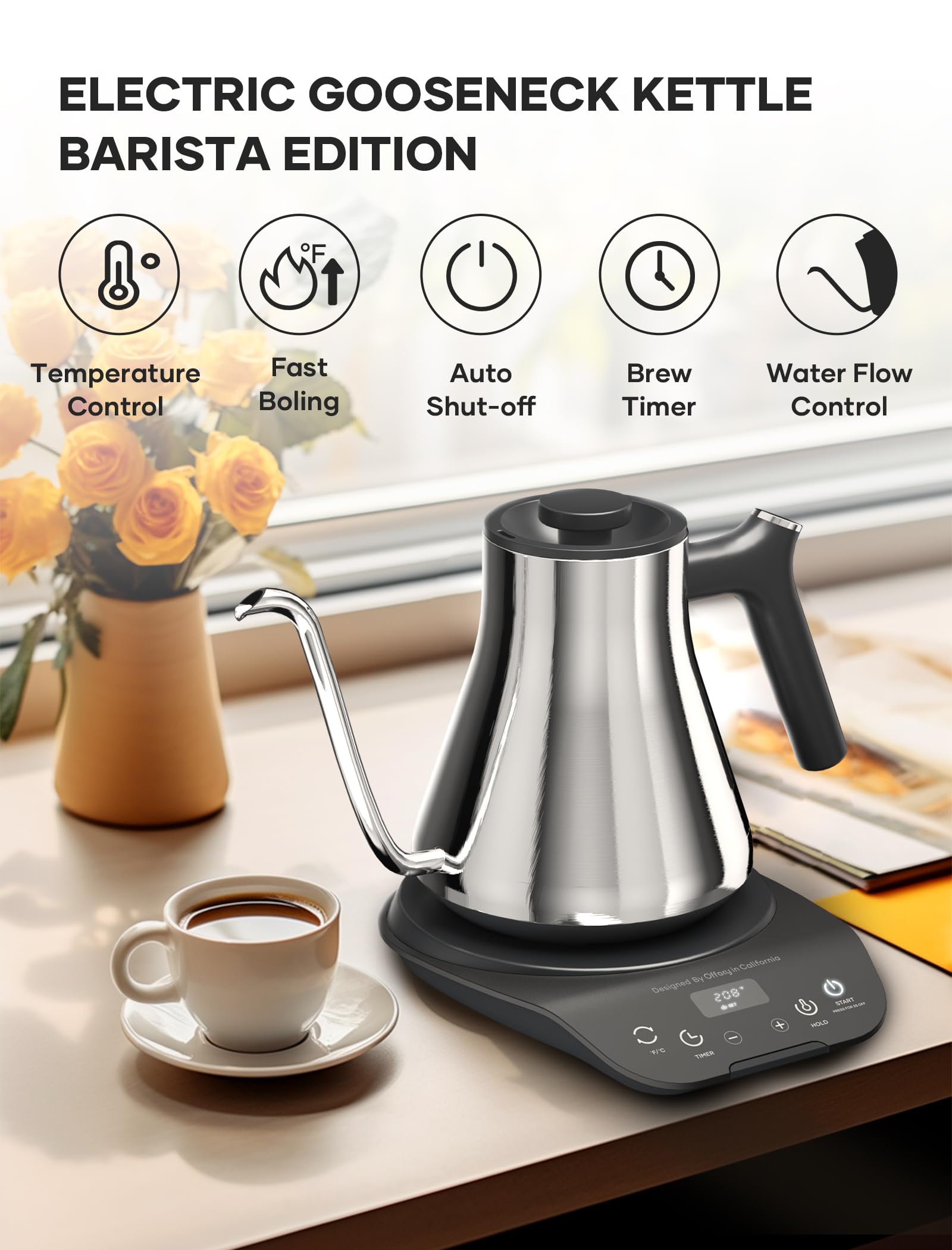 Offacy Electric Gooseneck Kettle,- 0.9L 1200W Quick Heating, ±1℉ Temperature Control, 100% Stainless Steel Inner Pot for Pour Over Coffee & Tea, Perfect for Boiling Hot Water