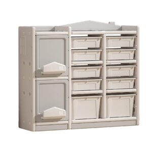 Runboll Toy Storage Organizer Bookshelf Multipurpose Toys Organization Chest with 10 Bins 2 Cabinets and 2 Shelves for School, Bedroom, Playroom or Nursery