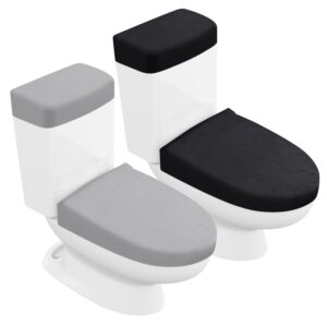 4pcs toilet lid cover and toilet tank cover, stretch toilet lid covers for most size toilet lids, black and light gray