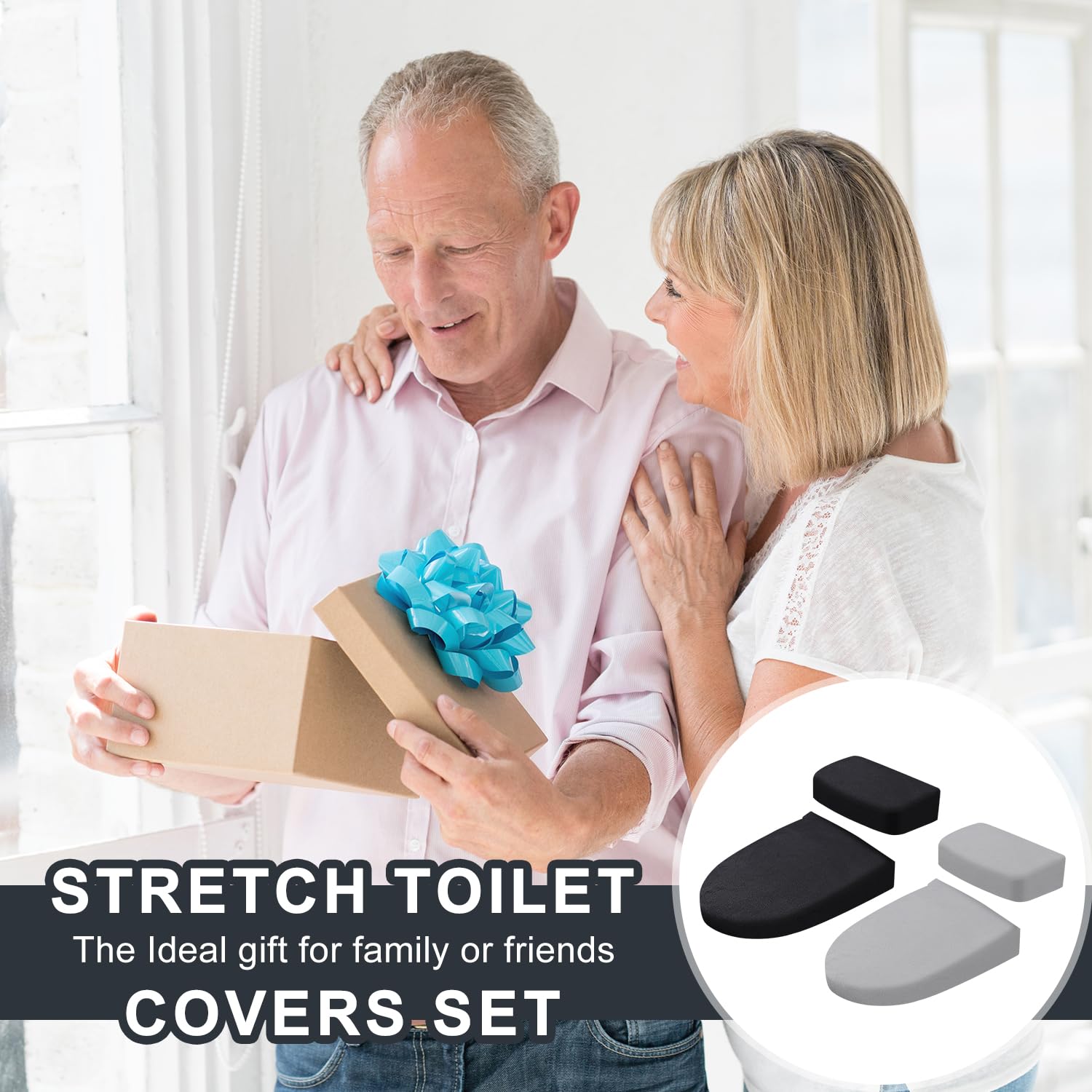 4PCS Toilet Lid Cover and Toilet Tank Cover, Stretch Toilet Lid Covers for Most Size Toilet Lids, Black and Light Gray