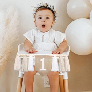 BOOMPA White 1st Birthday High Chair Banner - Wood Bead Tassel Garland - First Birthday Party Tassel Banner - Pure Angel 1st Birthday Photo Backdrop - Wall Hangings Decorative For Kids Bedroom Nursery