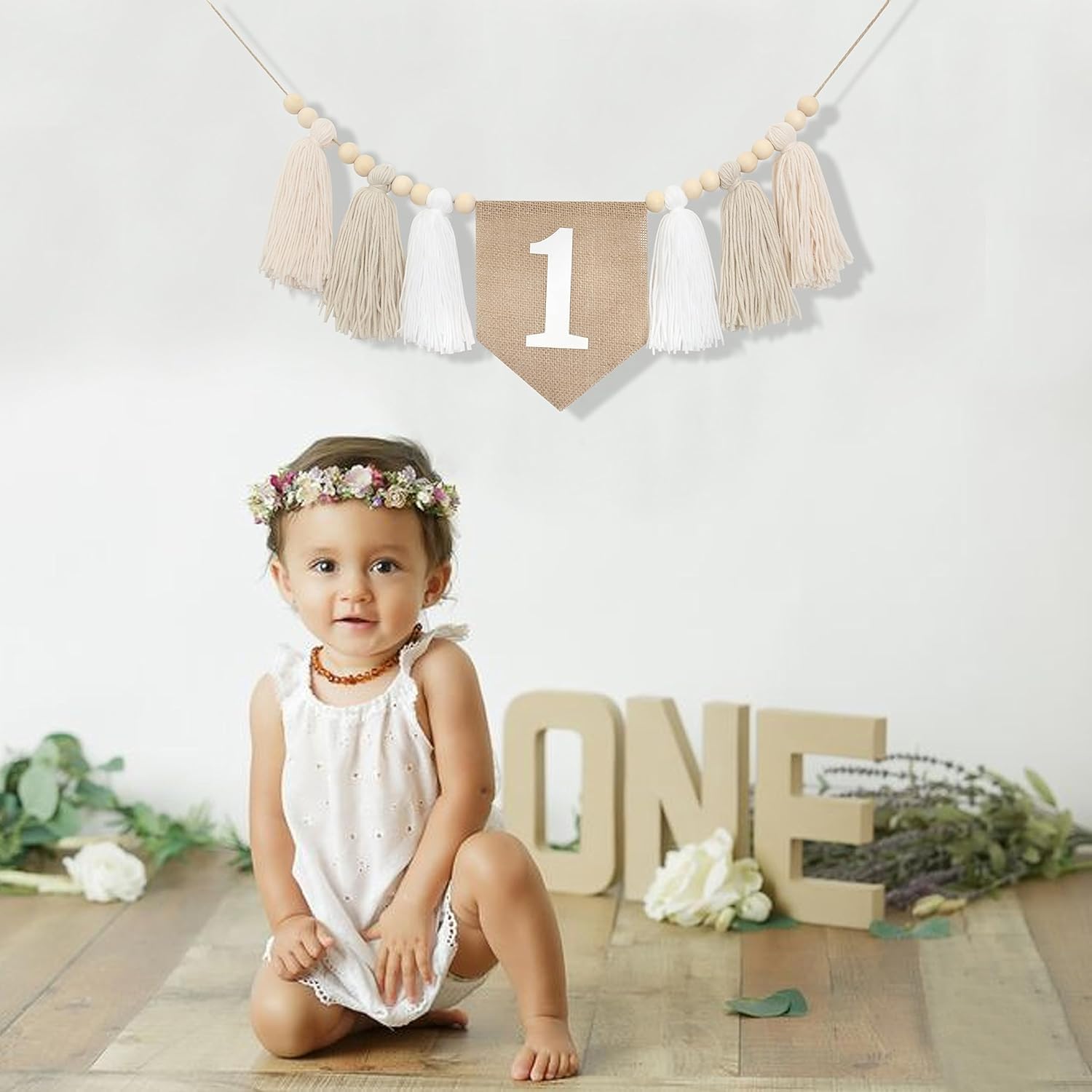 BOOMPA White 1st Birthday High Chair Banner - Wood Bead Tassel Garland - First Birthday Party Tassel Banner - Pure Angel 1st Birthday Photo Backdrop - Wall Hangings Decorative For Kids Bedroom Nursery