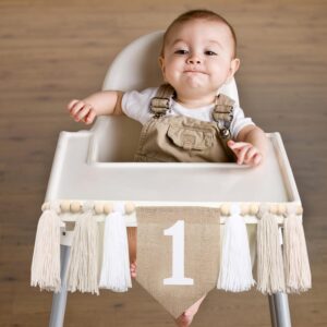 BOOMPA White 1st Birthday High Chair Banner - Wood Bead Tassel Garland - First Birthday Party Tassel Banner - Pure Angel 1st Birthday Photo Backdrop - Wall Hangings Decorative For Kids Bedroom Nursery