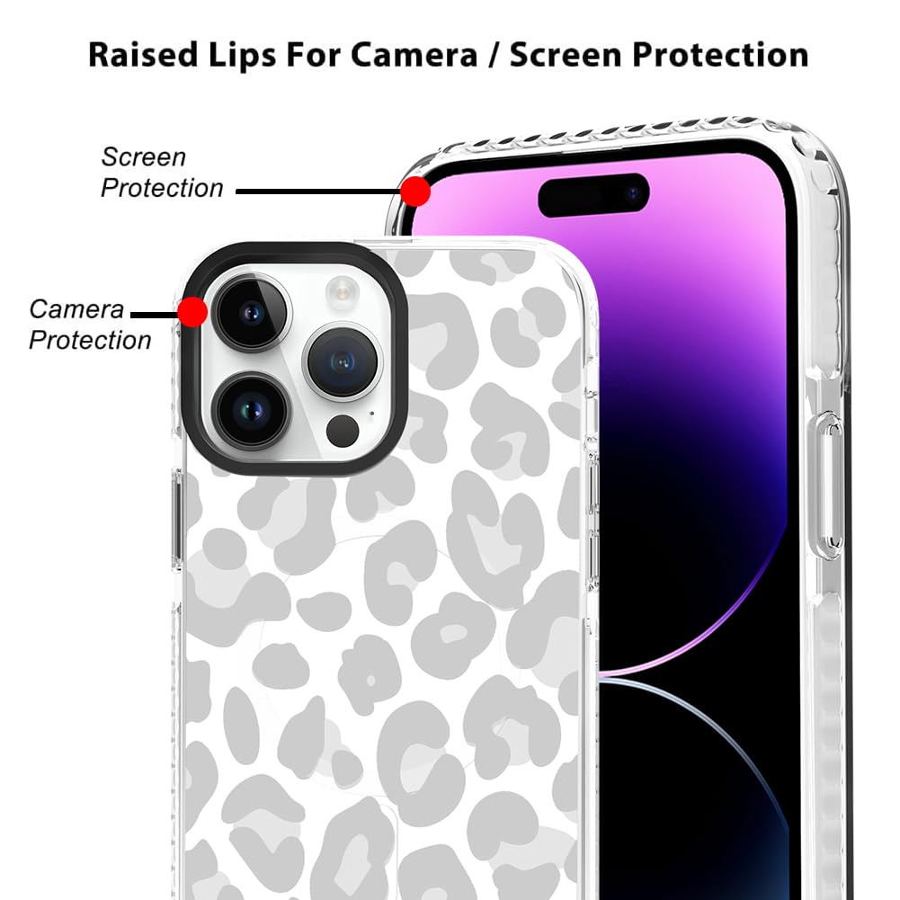 SAKUULO Magnetic for iPhone 14 Pro Case Light Gray Leopard Print Pattern [Compatible with MagSafe] Wireless Charge Slim Shockproof Case for iPhone 14 Pro Phone Case, Gray Leopard (6.1")