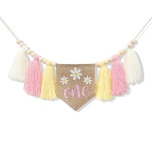 hgfc daisy tassel high chair banner - wood bead tassel 1st birthday banner - daisy theme first birthday party decoration - 1st birthday baby girls tassel garland