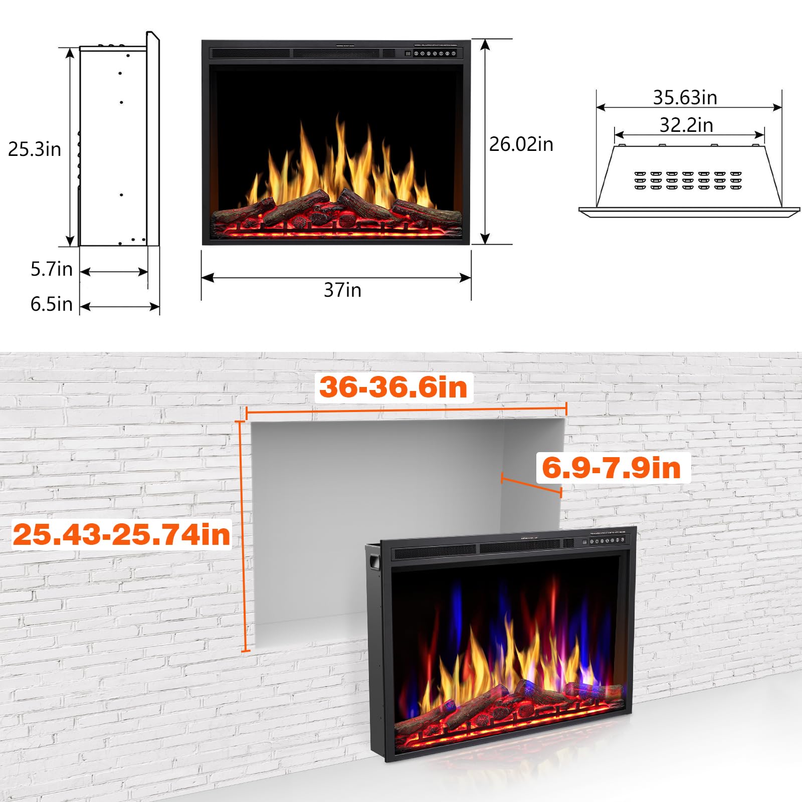 Joy Pebble 37 Inch Electric Fireplace Insert,750W/1500W Recessed Electric Fireplace Heater,Adjustable 5 Flame Color & 5 Burning logs Color,Electric Fireplace with Remote Control&Overheat Protection