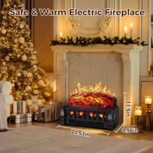 Joy Pebble Electric Fireplace Insert Log Heater 21",750W/1500W Adjustable 5 Flame Brightness&Speed, Fireplace Insert with Realistic Ember Bed&Traditional Brown Log,Overheat Protection&Remote Control