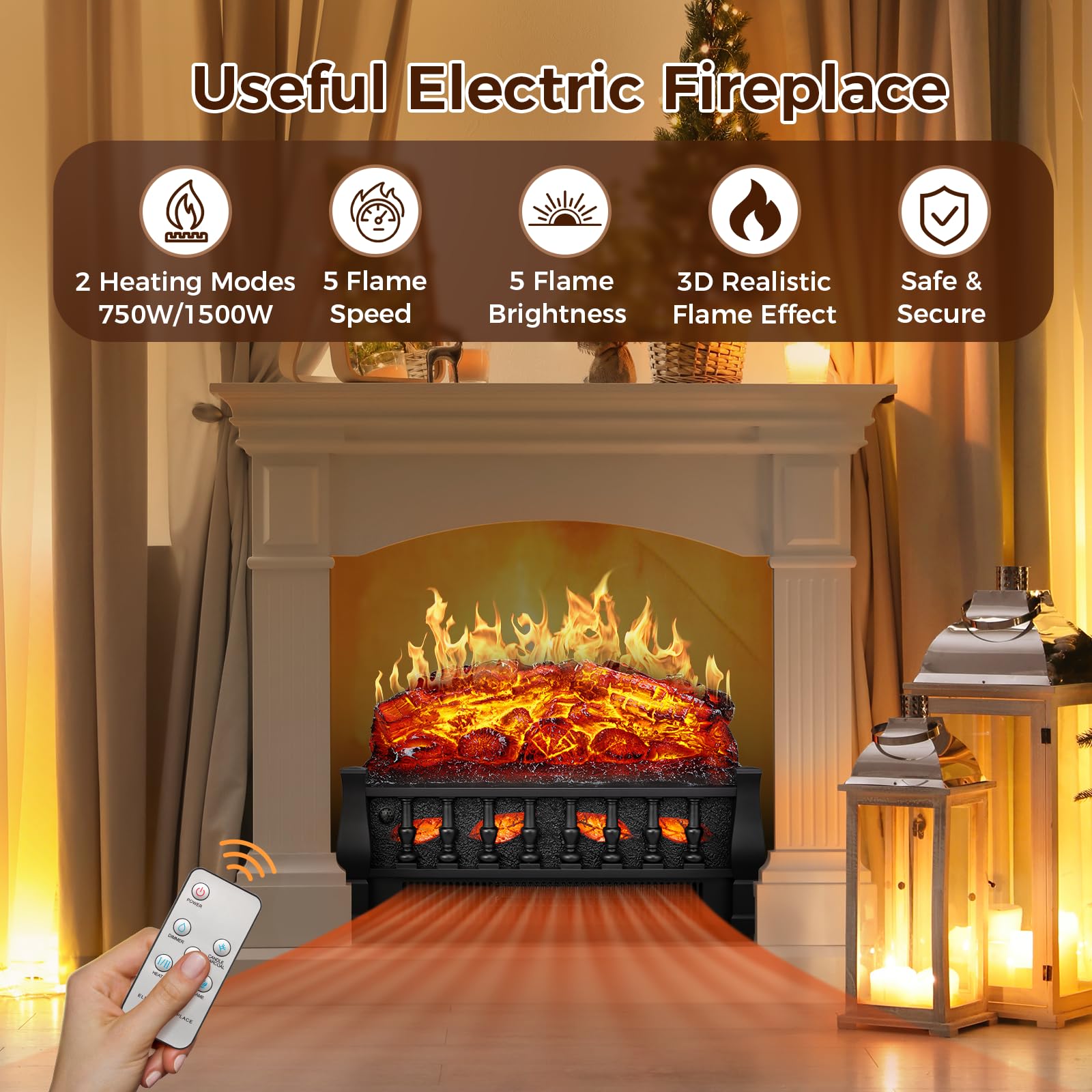 Joy Pebble Electric Fireplace Insert Log Heater 21",750W/1500W Adjustable 5 Flame Brightness&Speed, Fireplace Insert with Realistic Ember Bed&Traditional Brown Log,Overheat Protection&Remote Control