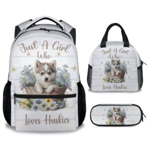 husky backpack with lunch box, set of 3 school backpacks matching combo, cute white dog bookbag and pencil case bundle