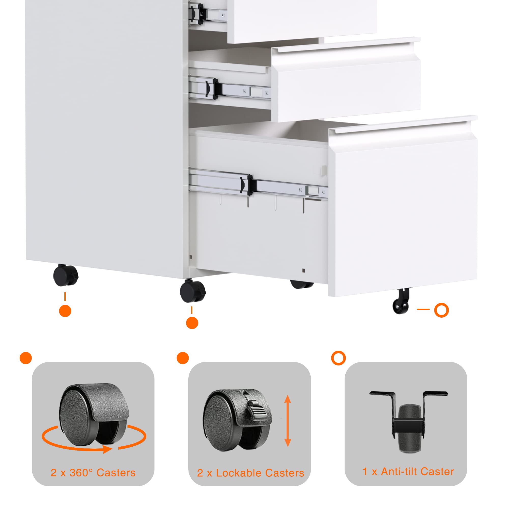 NICOMOW 3-Drawer Locking Metal File Cabinet for Home Office,Easy to Move,Durable and Stable,Under-Desk Filing Cabinet with Legal/Letter Size Drawer,Fully Assembled,White