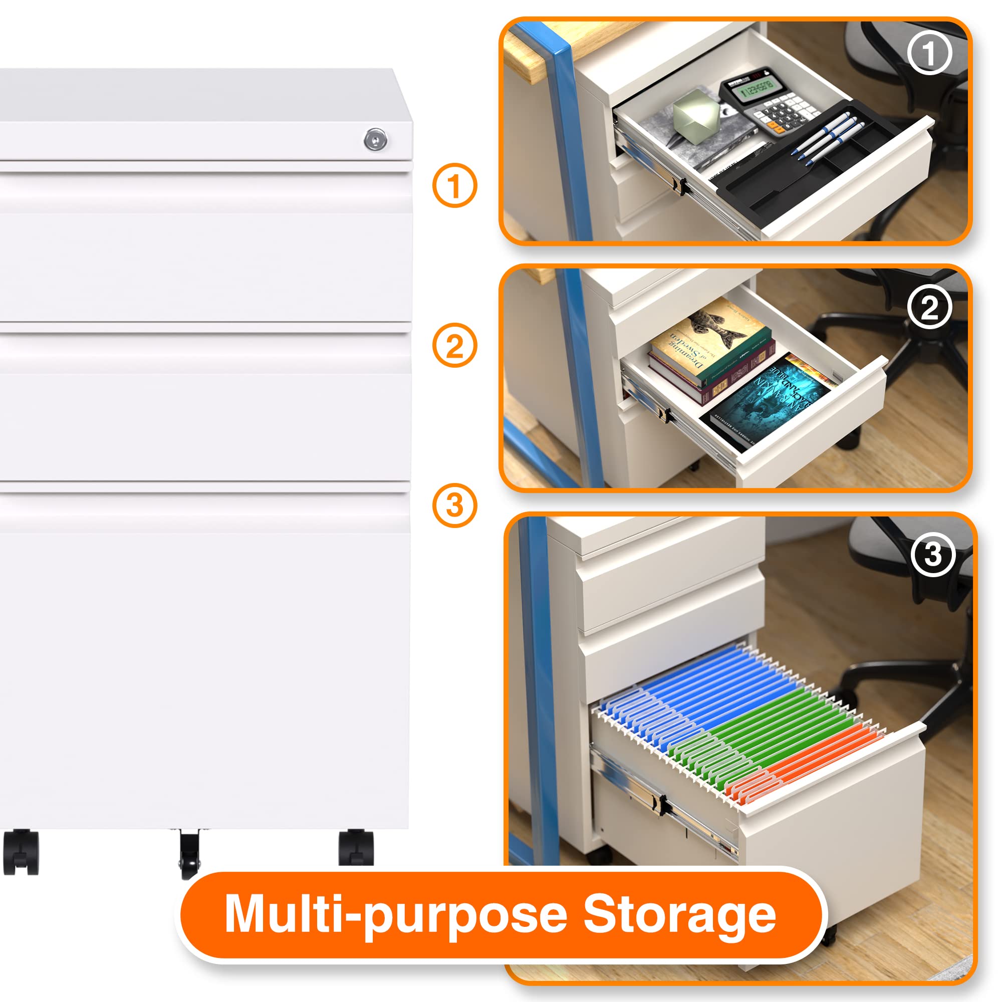 NICOMOW 3-Drawer Locking Metal File Cabinet for Home Office,Easy to Move,Durable and Stable,Under-Desk Filing Cabinet with Legal/Letter Size Drawer,Fully Assembled,White