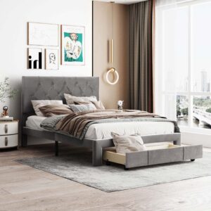 full size velvet upholstered platform bed frames with large storage drawer and adjustable headboard, wood slat support for bedroom boys girls teens adults, no box spring needed (full, grey)