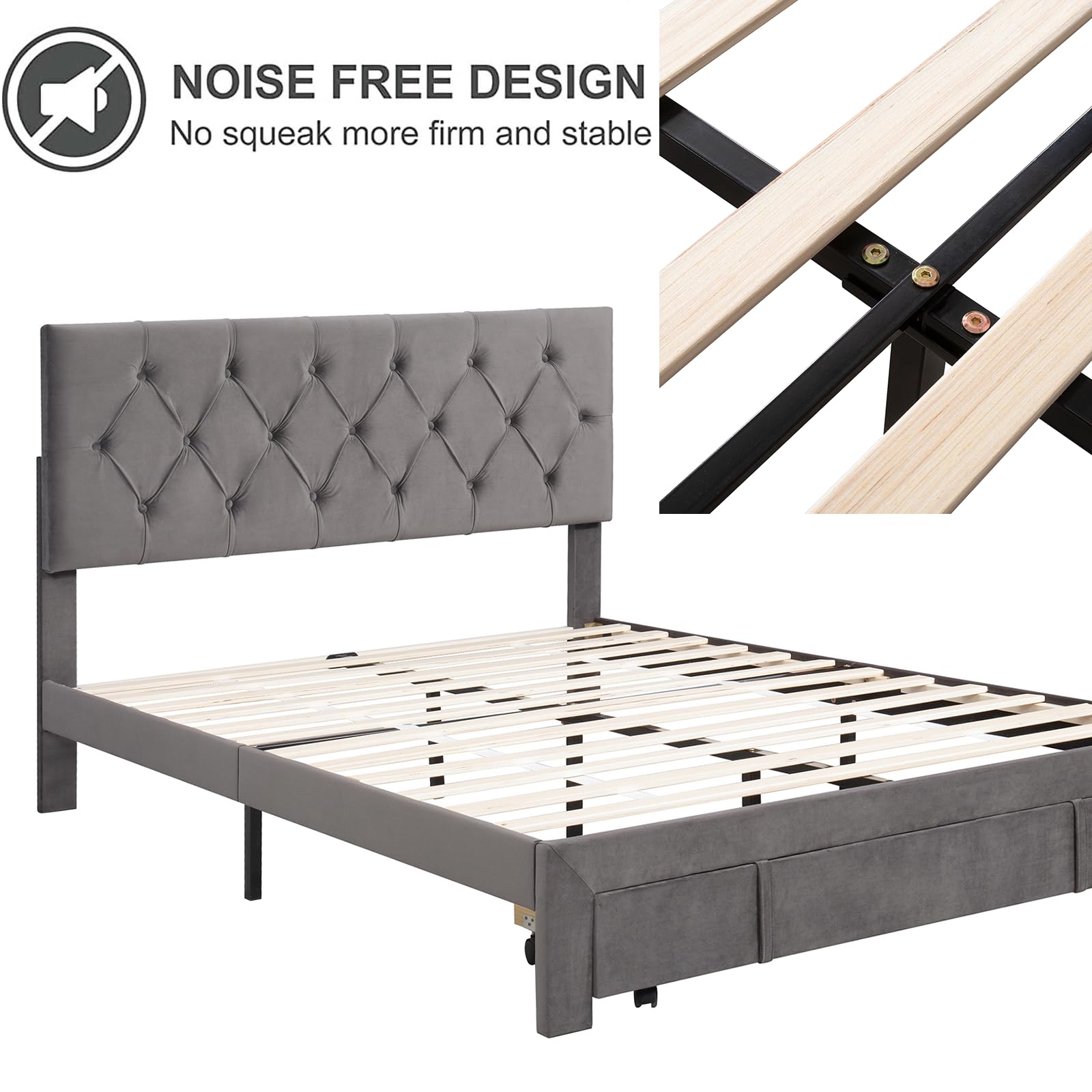 Full Size Velvet Upholstered Platform Bed Frames with Large Storage Drawer and Adjustable Headboard, Wood Slat Support for Bedroom Boys Girls Teens Adults, No Box Spring Needed (Full, Grey)