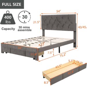 Full Size Velvet Upholstered Platform Bed Frames with Large Storage Drawer and Adjustable Headboard, Wood Slat Support for Bedroom Boys Girls Teens Adults, No Box Spring Needed (Full, Grey)