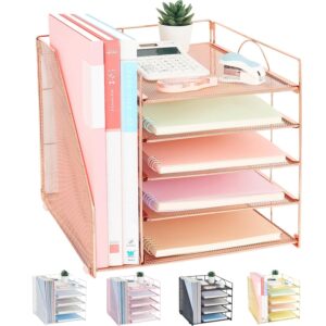 leketree desk organizers and accessories, 5-tier paper letter tray organizer with file holder, office supplies for women, desk accessories & workspace organizers(rose gold)