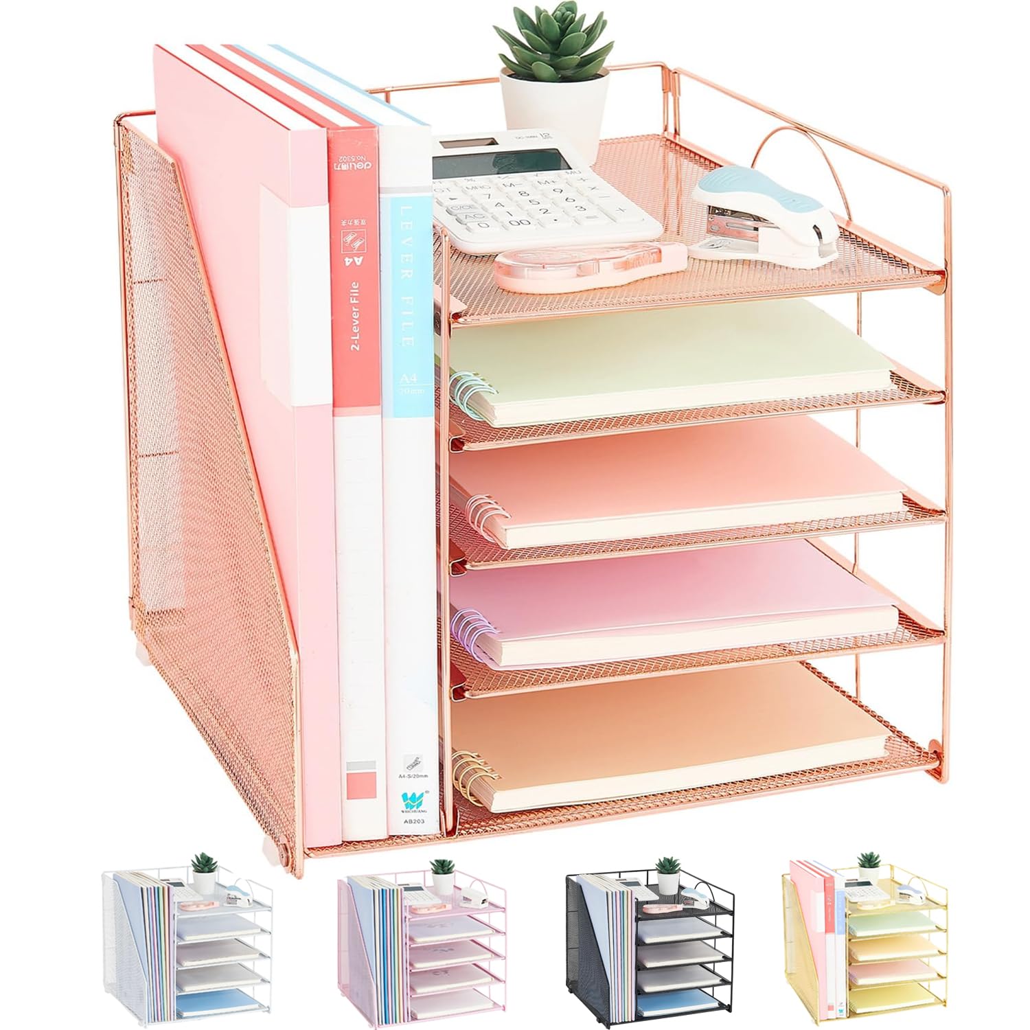 LEKETREE Desk Organizers and Accessories, 5-Tier Paper Letter Tray Organizer with File Holder, Office Supplies for Women, Desk Accessories & Workspace Organizers(Rose Gold)