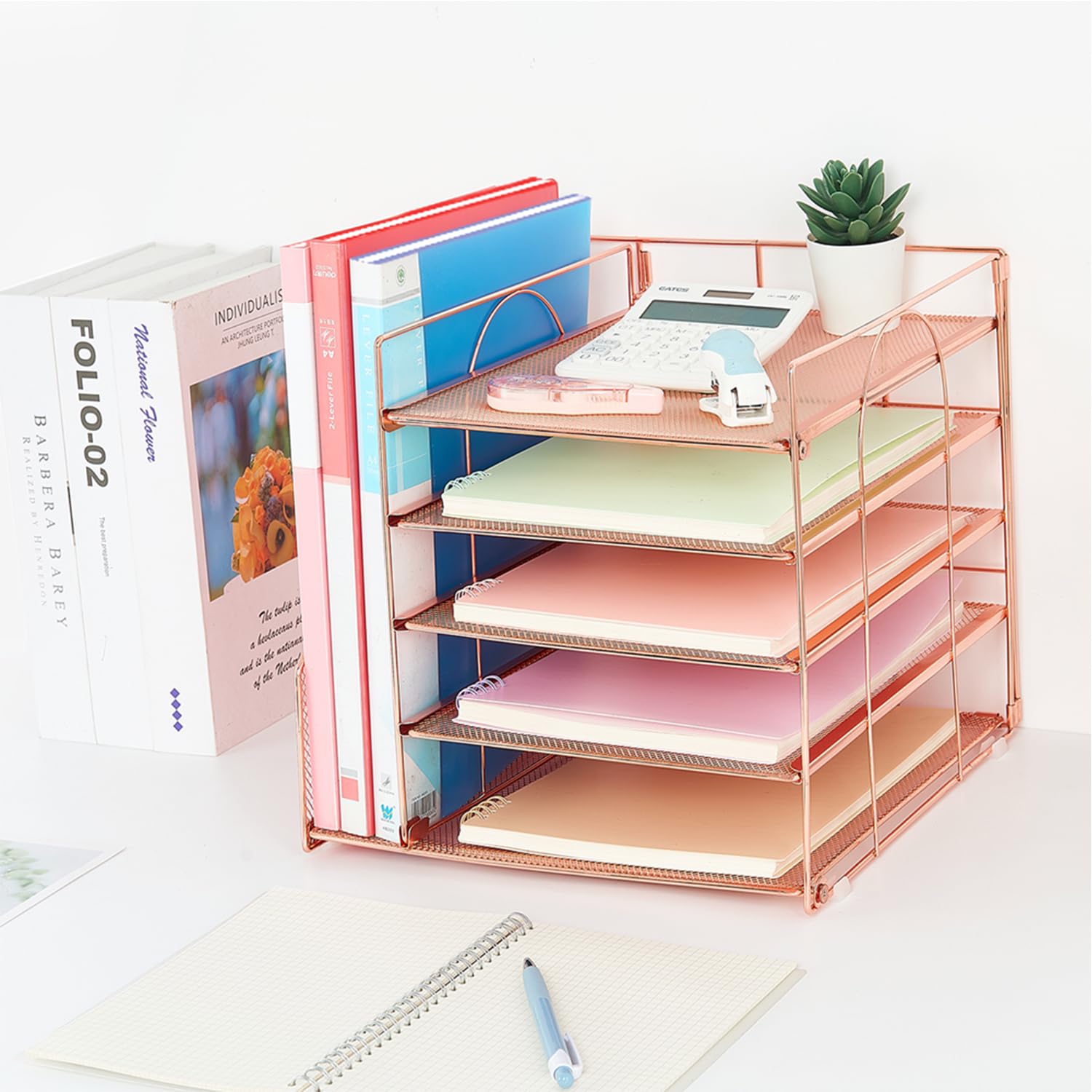 LEKETREE Desk Organizers and Accessories, 5-Tier Paper Letter Tray Organizer with File Holder, Office Supplies for Women, Desk Accessories & Workspace Organizers(Rose Gold)