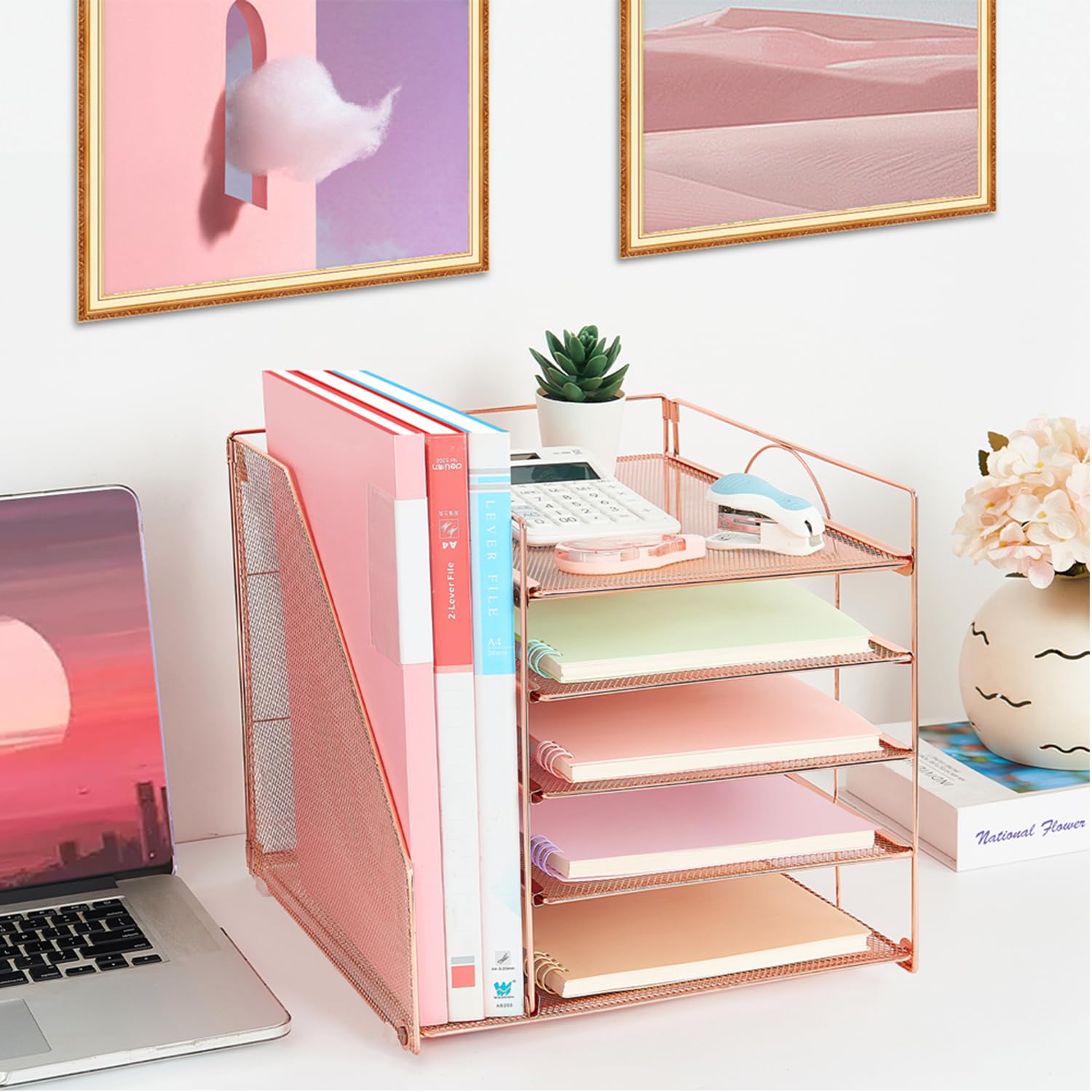 LEKETREE Desk Organizers and Accessories, 5-Tier Paper Letter Tray Organizer with File Holder, Office Supplies for Women, Desk Accessories & Workspace Organizers(Rose Gold)