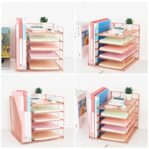 LEKETREE Desk Organizers and Accessories, 5-Tier Paper Letter Tray Organizer with File Holder, Office Supplies for Women, Desk Accessories & Workspace Organizers(Rose Gold)