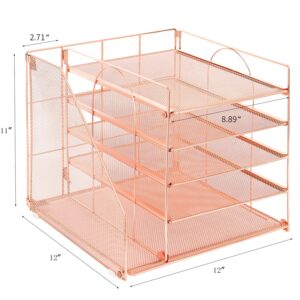 LEKETREE Desk Organizers and Accessories, 5-Tier Paper Letter Tray Organizer with File Holder, Office Supplies for Women, Desk Accessories & Workspace Organizers(Rose Gold)