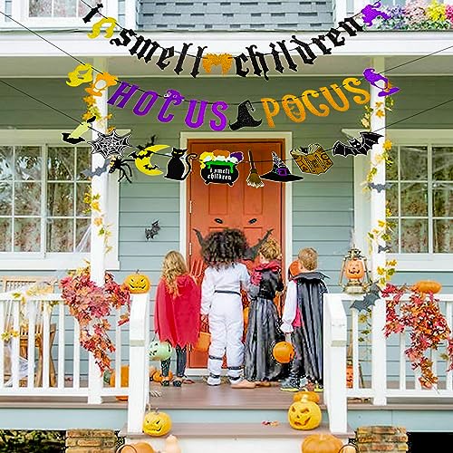 Pre-strung Hocus Pocus I Smell Children Halloween Banner, 3 Packs Glitter Halloween Decorations, 3D Witch Bats Home Decor, Halloween Wall Hanging Décor, Party Decoration Supplies Kit