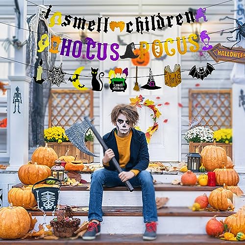 Pre-strung Hocus Pocus I Smell Children Halloween Banner, 3 Packs Glitter Halloween Decorations, 3D Witch Bats Home Decor, Halloween Wall Hanging Décor, Party Decoration Supplies Kit