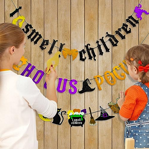 Pre-strung Hocus Pocus I Smell Children Halloween Banner, 3 Packs Glitter Halloween Decorations, 3D Witch Bats Home Decor, Halloween Wall Hanging Décor, Party Decoration Supplies Kit