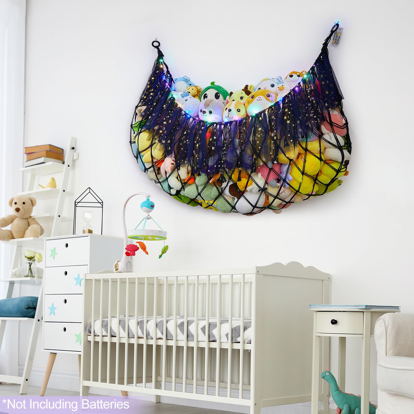 Basumee Stuffed Animals Net or Hammock with LED Light Wall Hanging Stuffed Animals Storage Large Plushie Toy Net for Stuffed Animals Hammock Room Décor with Tassels for Nursery Play Bedrooms Kids Room