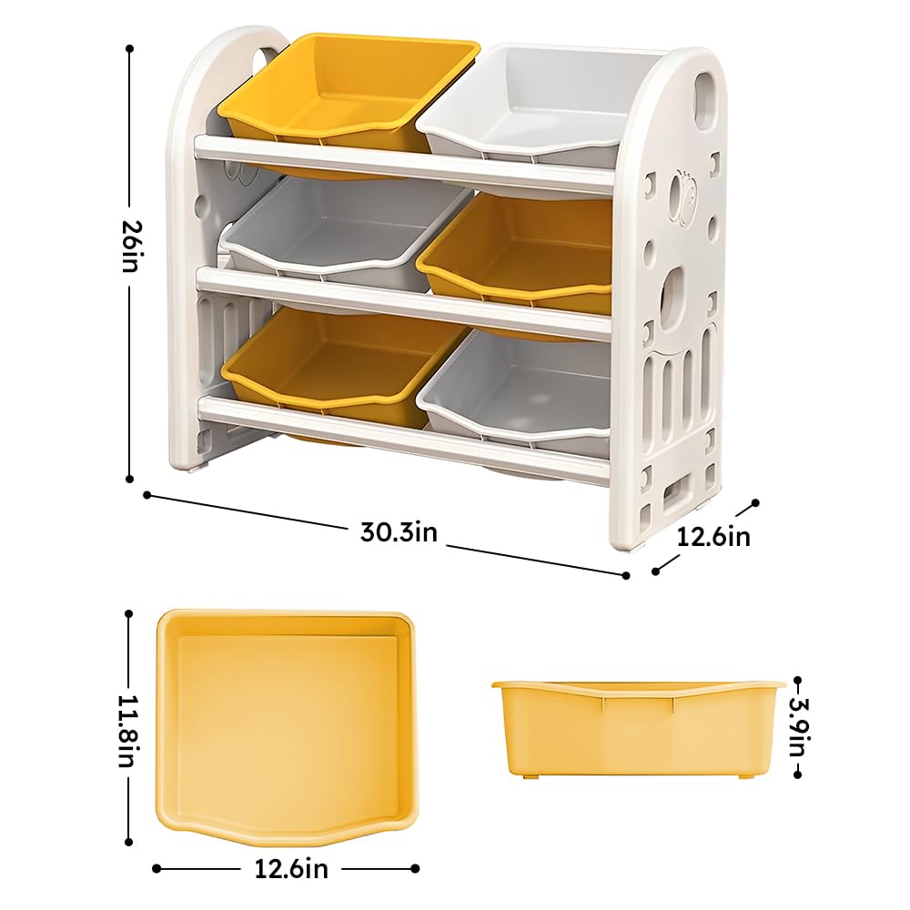 Runboll Toy Storage Bins 3-Tier Multipurpose Toys Organization Rack with 6 Bins for School, Bedroom, Playroom or Nursery