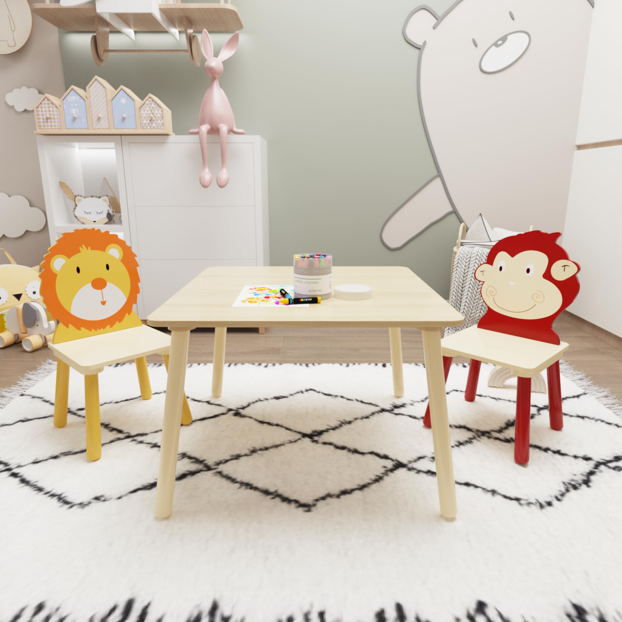 3 Piece Wood Table & Chair Set for Age 2-6 Boy Girl, Wood Activity Table Drawing Play Table Set w/ 2 Animals Chairs for Home, Nursery, Kindergarten, Age 2-6 Boy Girl Activity Table Chair 3 Pieces Set