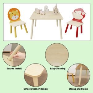 3 Piece Wood Table & Chair Set for Age 2-6 Boy Girl, Wood Activity Table Drawing Play Table Set w/ 2 Animals Chairs for Home, Nursery, Kindergarten, Age 2-6 Boy Girl Activity Table Chair 3 Pieces Set