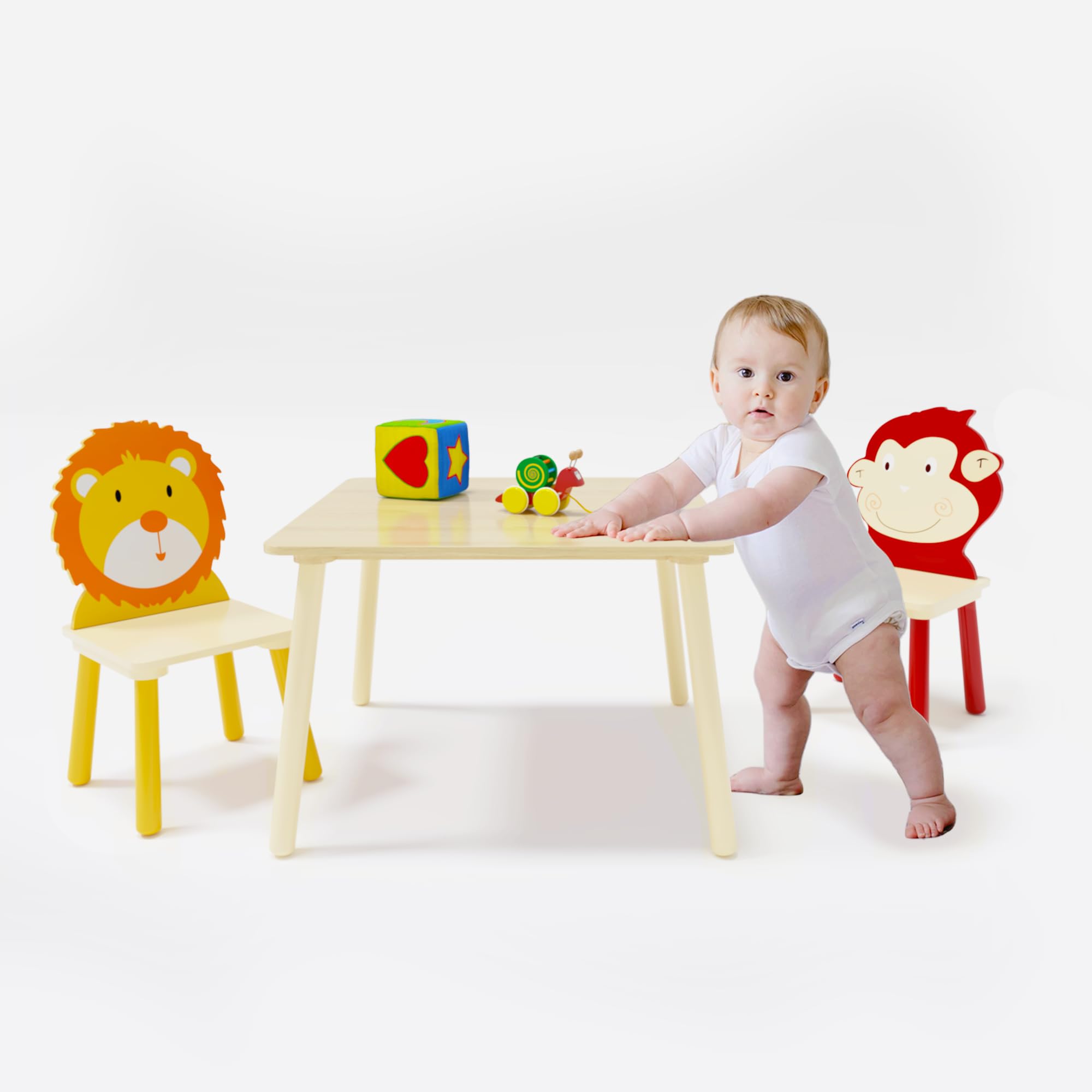 3 Piece Wood Table & Chair Set for Age 2-6 Boy Girl, Wood Activity Table Drawing Play Table Set w/ 2 Animals Chairs for Home, Nursery, Kindergarten, Age 2-6 Boy Girl Activity Table Chair 3 Pieces Set