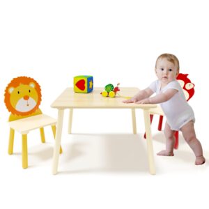 3 Piece Wood Table & Chair Set for Age 2-6 Boy Girl, Wood Activity Table Drawing Play Table Set w/ 2 Animals Chairs for Home, Nursery, Kindergarten, Age 2-6 Boy Girl Activity Table Chair 3 Pieces Set