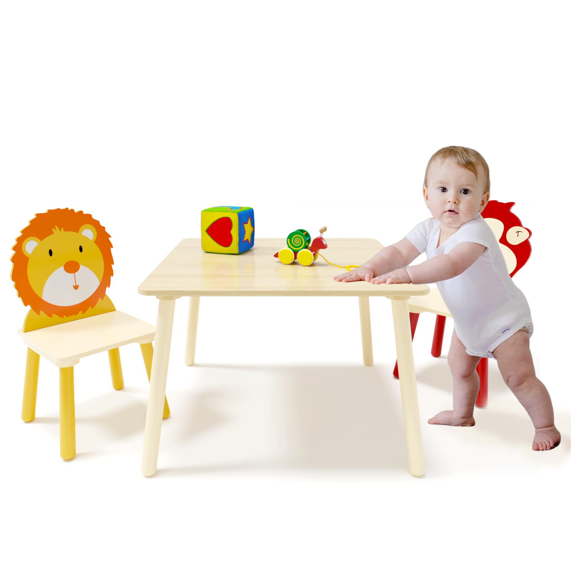 3 Piece Wood Table & Chair Set for Age 2-6 Boy Girl, Wood Activity Table Drawing Play Table Set w/ 2 Animals Chairs for Home, Nursery, Kindergarten, Age 2-6 Boy Girl Activity Table Chair 3 Pieces Set