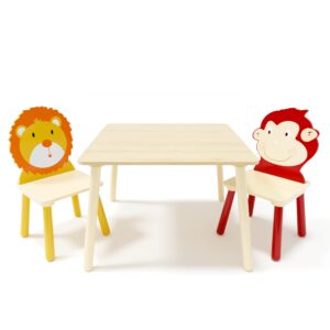 3 Piece Wood Table & Chair Set for Age 2-6 Boy Girl, Wood Activity Table Drawing Play Table Set w/ 2 Animals Chairs for Home, Nursery, Kindergarten, Age 2-6 Boy Girl Activity Table Chair 3 Pieces Set