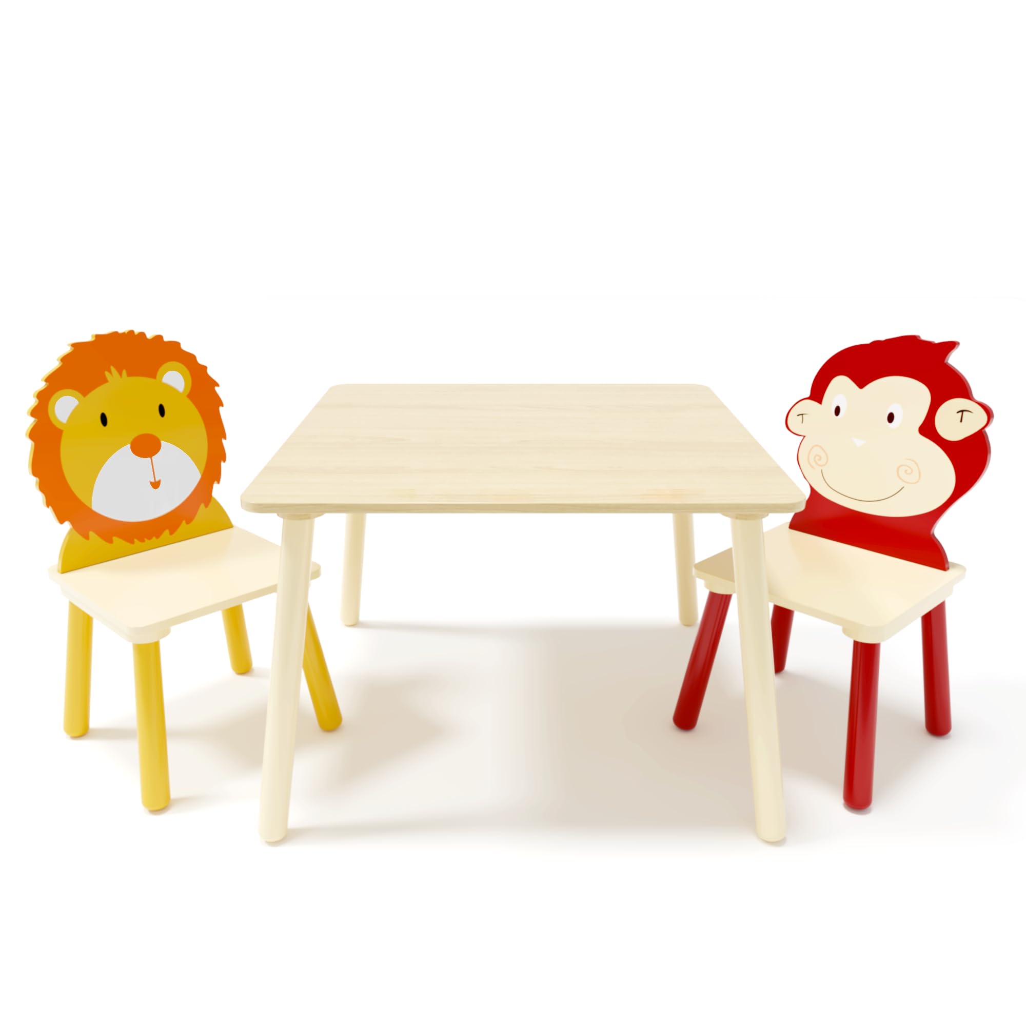 3 Piece Wood Table & Chair Set for Age 2-6 Boy Girl, Wood Activity Table Drawing Play Table Set w/ 2 Animals Chairs for Home, Nursery, Kindergarten, Age 2-6 Boy Girl Activity Table Chair 3 Pieces Set