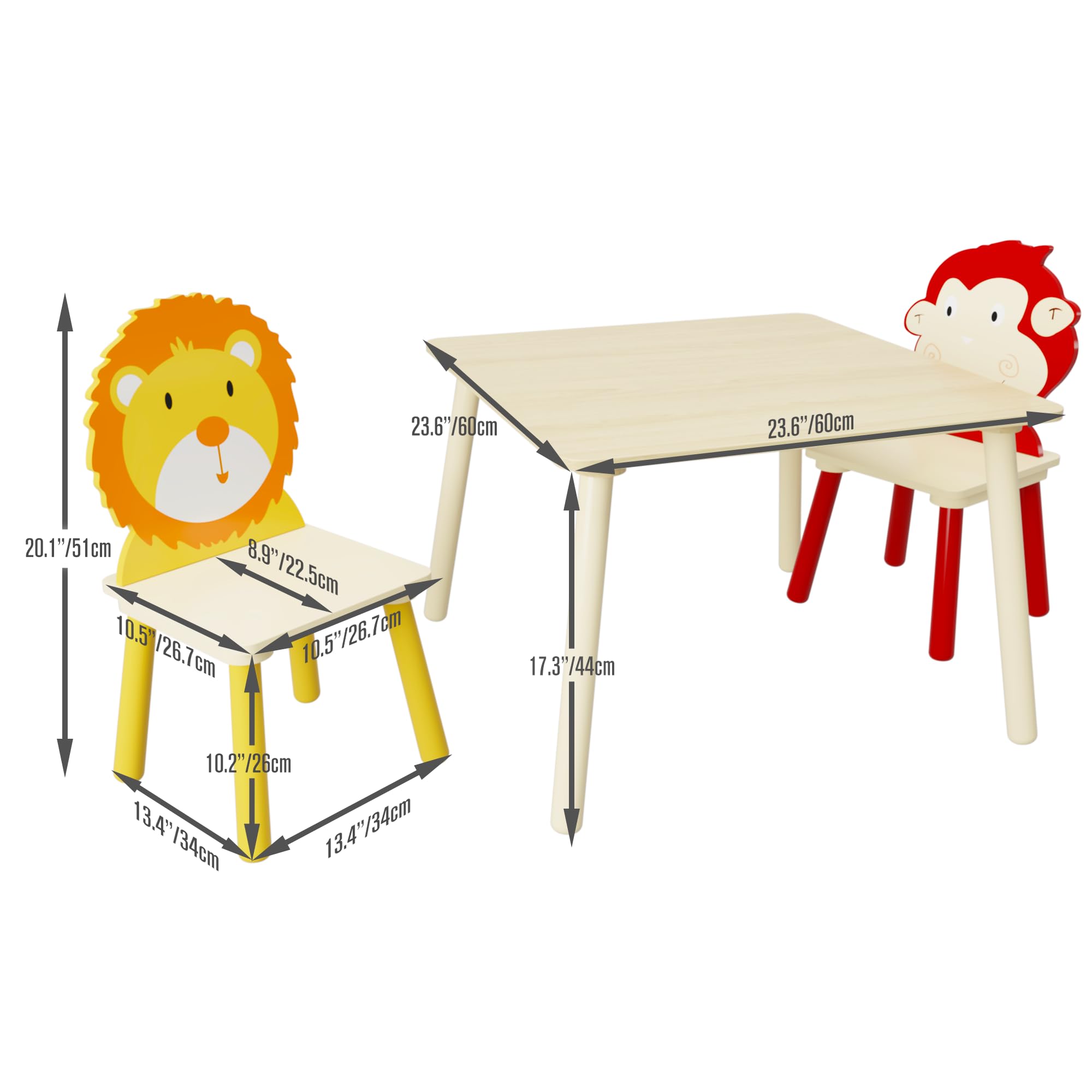 3 Piece Wood Table & Chair Set for Age 2-6 Boy Girl, Wood Activity Table Drawing Play Table Set w/ 2 Animals Chairs for Home, Nursery, Kindergarten, Age 2-6 Boy Girl Activity Table Chair 3 Pieces Set