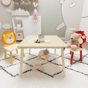 3 Piece Wood Table & Chair Set for Age 2-6 Boy Girl, Wood Activity Table Drawing Play Table Set w/ 2 Animals Chairs for Home, Nursery, Kindergarten, Age 2-6 Boy Girl Activity Table Chair 3 Pieces Set