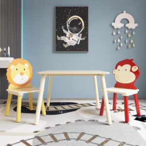 3 Piece Wood Table & Chair Set for Age 2-6 Boy Girl, Wood Activity Table Drawing Play Table Set w/ 2 Animals Chairs for Home, Nursery, Kindergarten, Age 2-6 Boy Girl Activity Table Chair 3 Pieces Set